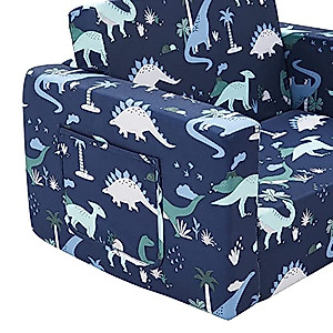 Ulax Furniture Children Sofa Chair Kids FILP-Out Chair Convertible Sofa to Sleeper Couch (Navy Dinosaur)