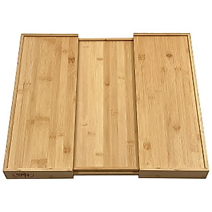 HELIA Bamboo Expandable Drawer Organizer with Movable Dividers | Solid Bamboo Drawer Organizer and Kitchen Utensil Holder for Flatware and Cutlery | Bamboo Utensil Organizer for Kitchen Drawers