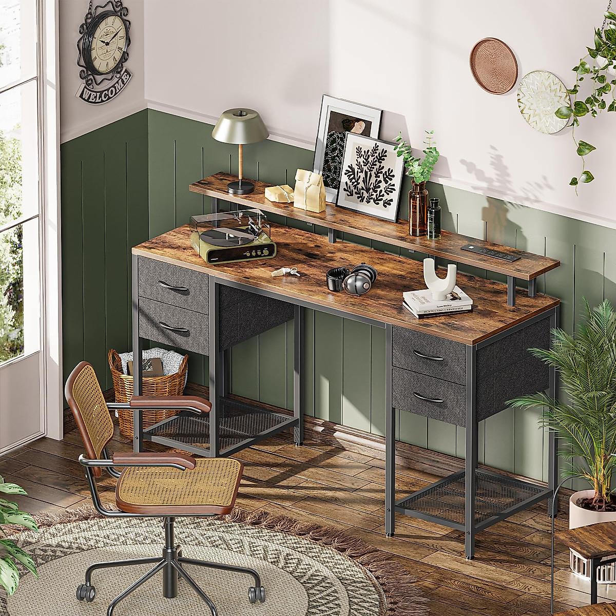 Huuger 55 inch Computer Desk with 4 Drawers, Gaming Desk with LED Lights & Power Outlets, Home Office Desk with Large Storage Space for Bedroom, Work from Home, Rustic Brown