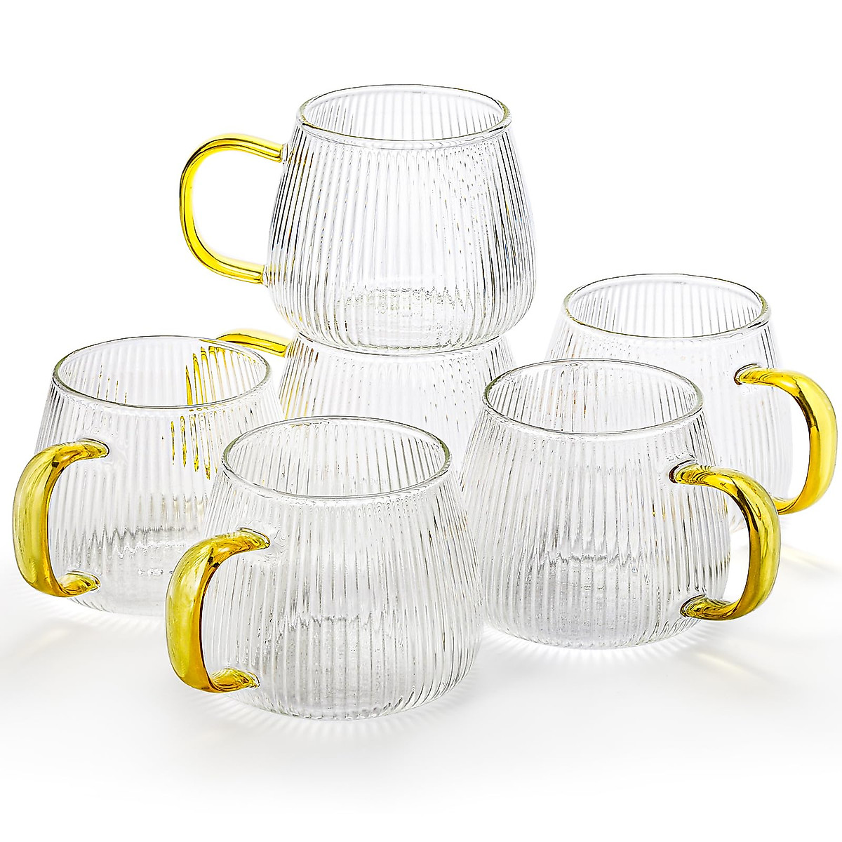 AVLA 6 Pack Glass Coffee Mugs, 16 OZ Unique Vertical Stripes Coffee Cup, Clear Large Tea Glasses with Handle, Vintage Transparent Glassware for Hot/Cold Beverages, Cappuccino, Latte, Espresso, Juice