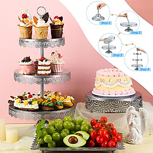 Uiifan 7 Pcs Cake Stand Set Metal Dessert Table Display Stands 3 Tiered Cupcake Holder Serving Tray Round Cake Plates Decoration for Birthday Party, Wedding, Teatime, Festival (Silver)