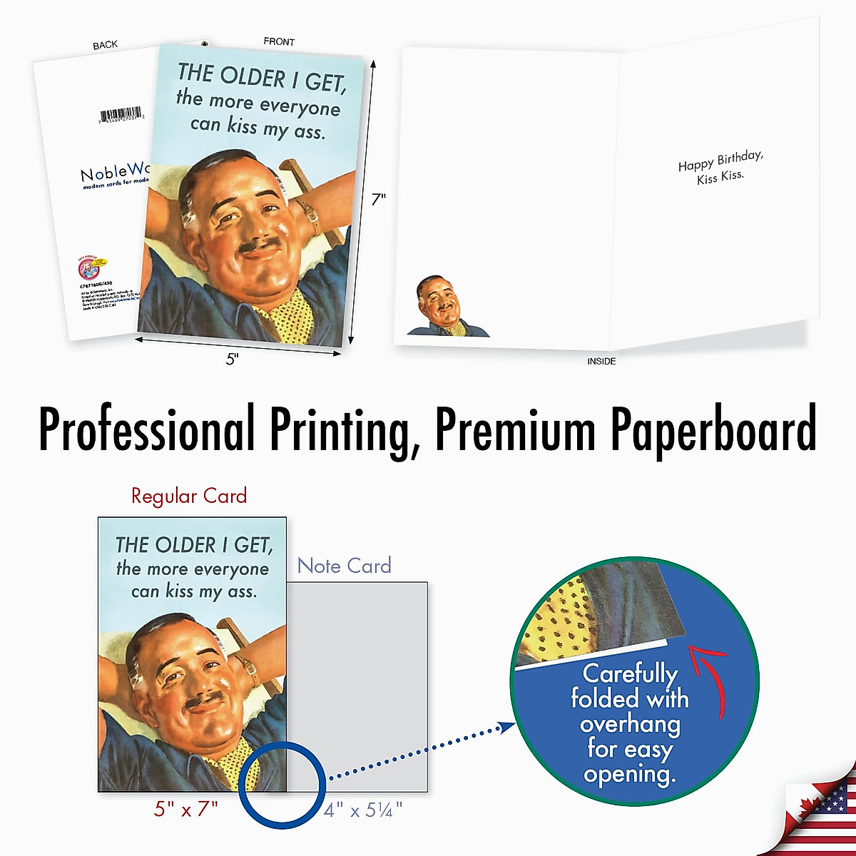 NobleWorks - Funny Birthday Greeting Card with 5 x 7 Inch Envelope (1 Card) Bday Man Everyone Kiss My Ass C7871BDG