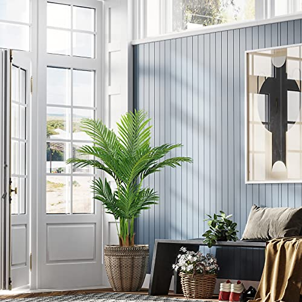 VIAGDO Artificial Kentia Palm Tree 4ft Tall Fake Palm Tree Decor with 15 Trunks Faux Tropical Palm Silk Plant Potted Dypsis Lutescens Plants for Modern Home Office Floor Corner Decor Indoor, 2 Pack