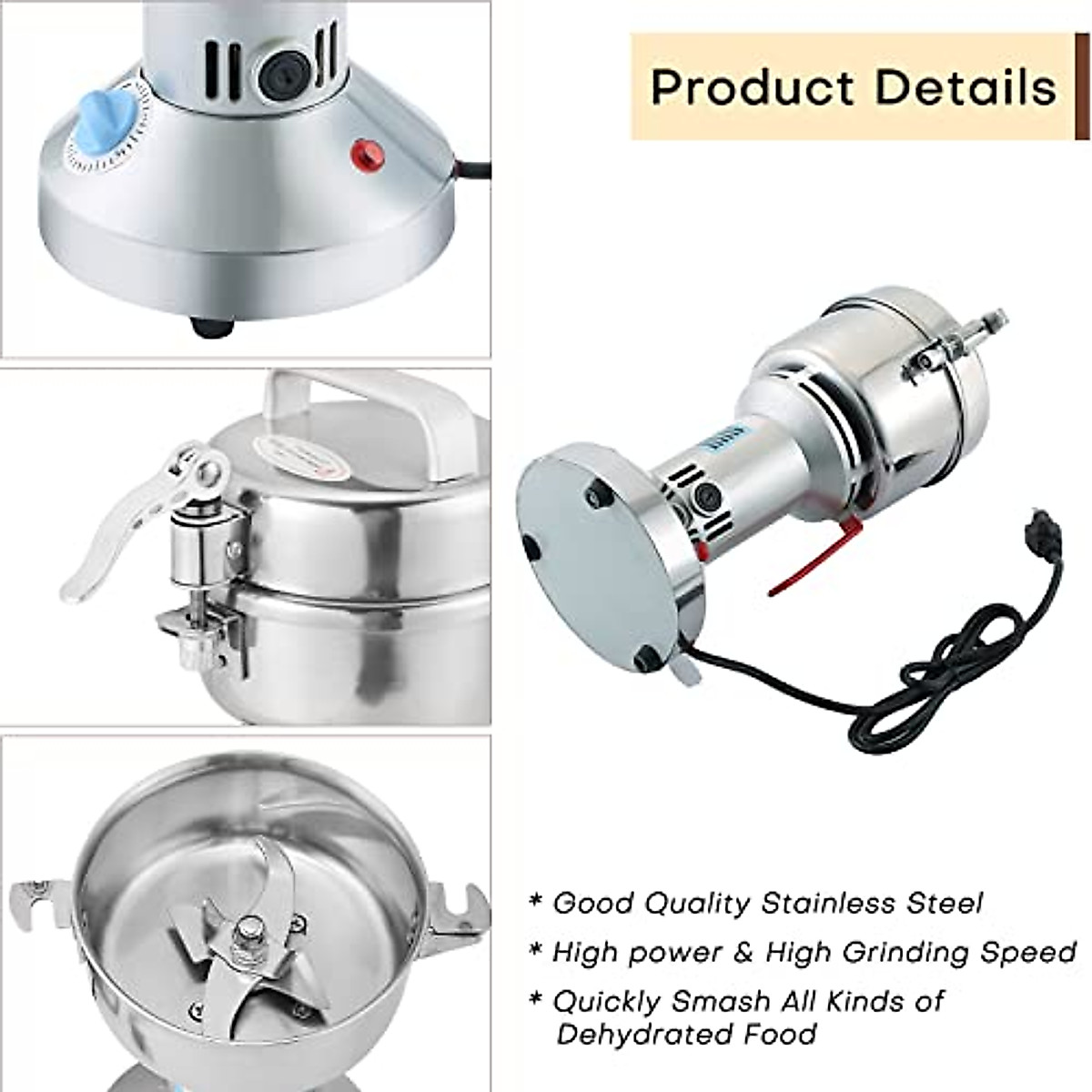 FLKQC High Speed 700g Electric Grain Mill Grinder Powder Machine Spice Herb Grinder 2500W 60-350 Mesh 35000RPM Stainless Steel Commercial Grade for Kitchen Herb Spice Pepper Coffee (700g)