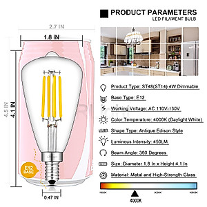 CRLight 4W Candelabra LED Edison Bulb 45W Equivalent 4000K Daylight White 450LM Dimmable, E12 Antique ST48 / ST14 Clear Glass LED Light Bulbs, Pack of 6