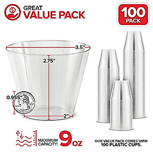 Stock Your Home 9 oz Clear Disposable Plastic Cups (100 Pack) Elegant Tumblers Glasses for Birthday Parties, Weddings, Holidays, Dessert Tumbler, Bulk Drinking Cup for Fruit Punch, Cocktails, Wine