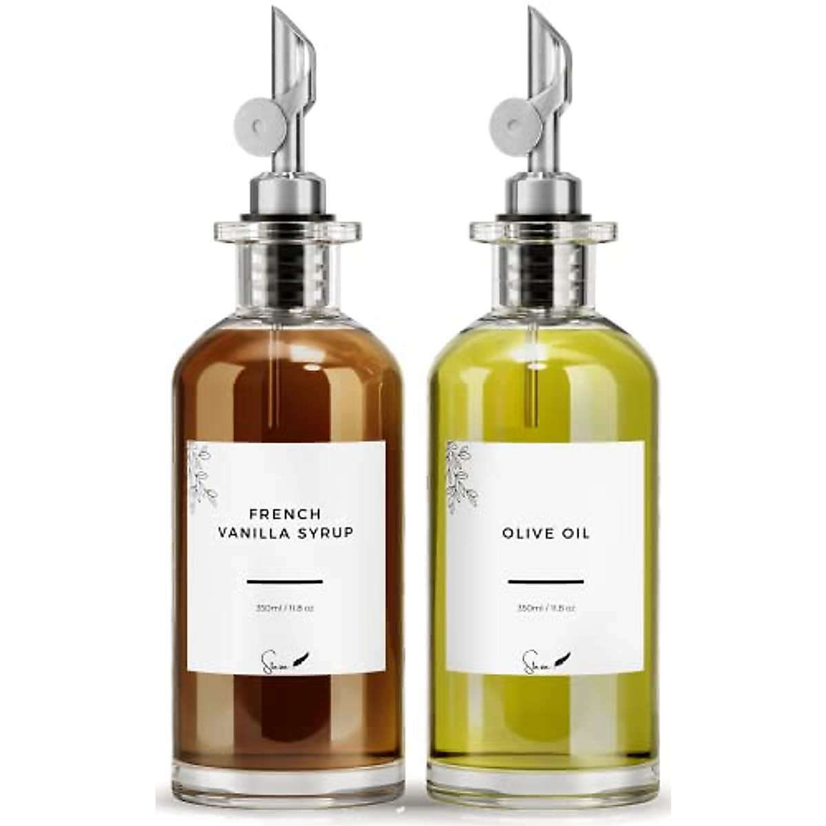 Apothecary Olive Oil Dispenser Bottle For Kitchen - Free Spout, 40 labels & Funnel - Coffee Syrup Dispenser Bottle, Glass Cooking Oil And Vinegar Dispenser Set Container, Pitcher, Cruet, Silver