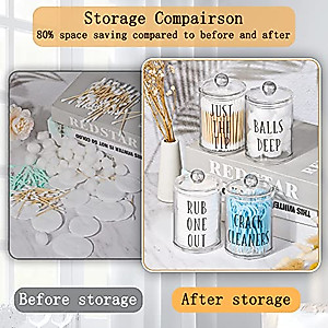 4 Pack Fun Qtip Holder Apothecary Jars with Lids,10 oz Clear Bathroom Organizer Storage for Cotton Swab, Cotton Ball, Floss and Cotton Round Pads, Cotton Ball Holder Bathroom Decor Bathroom Containers