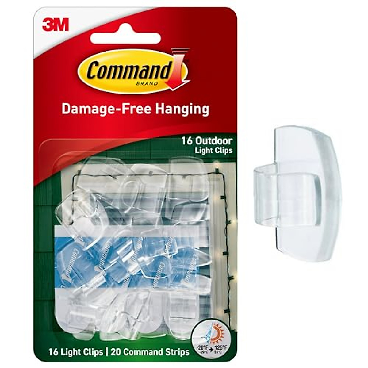 Command Outdoor Light Clips, 16 clips, 20 strips, Water-Resistant Adhesive (17017CLR-AWES), Clear (17017CLR-AW-E)