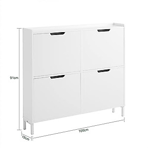 Haotian FSR100-W, White Shoe Cabinet with 4 Flip-Drawers, Freestanding Shoe Rack, Slim Shoe Organiazer