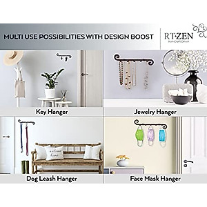 RTZEN Farmhouse Small Key Holder for Wall - Handcrafted Swirl Decorative 5 Key Hooks for Home Entryway - Wrought Iron Black Wall Mount Key Rack Purse Coat and Leash Holder or Organizer (Classic)