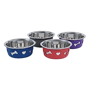WeatherBeeta Non-Slip Stainless Steel Silicone Bone Dog Bowl, Dark Purple, 8"