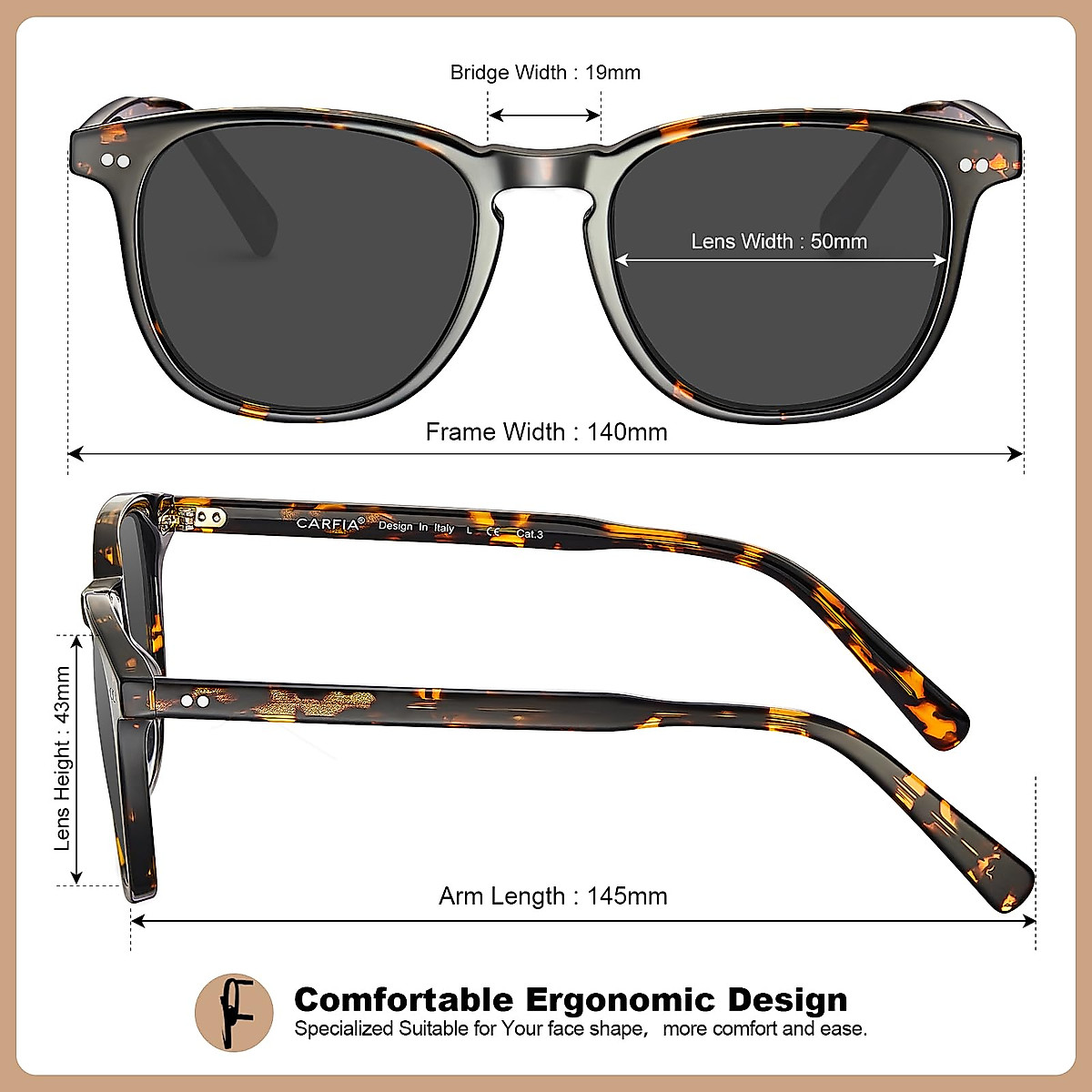 CARFIA Acetate Polarized Sunglasses for Men UV Protection Hand-Crafted Frame CA5285L
