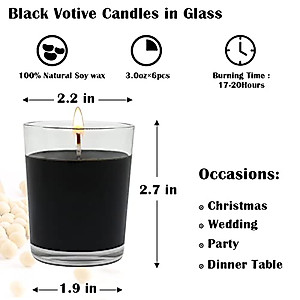 Unscented Black Candles in Glass 3.0oz Soy Wax Votive Candles for Halloween, Dinner Table & Wedding, Set of 6