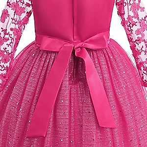 Floral Sequins Lace Princess Pageant 3/4 Sleeve Flower Girl Dress for Kids Junior Bridesmaid Wedding Puffy Party Wear Fall Formal Maxi Dance Evening Ball Gowns for Girls Sequins-Hot Pink 11-12 Years
