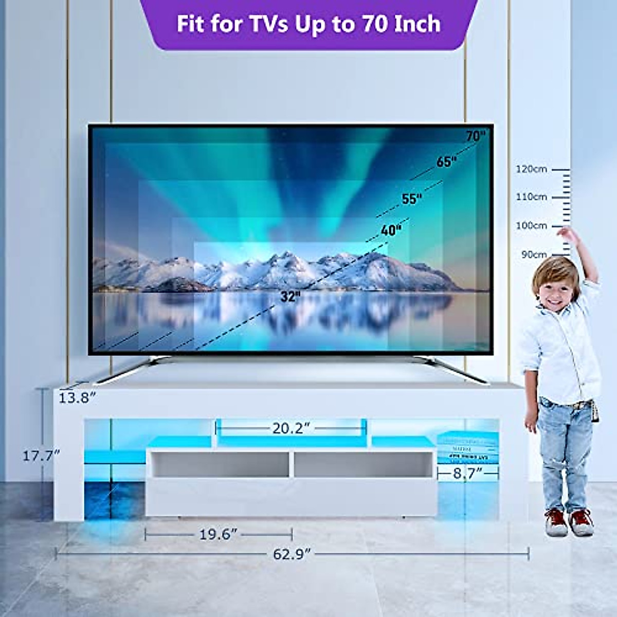 TV Stand with LED Lights for 60/65/70 Inch TV, Modern Gaming Entertainment Center, High Gloss Television Stands Media Console with Glass Shelves and 2 Drawers for Living Room, Bedroom, White