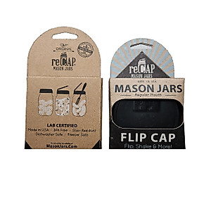 reCAP Mason Jars Lid FLIP Cap | Regular Mouth | Black | 4 Pack | BPA-Free | USA Made Mason Jar Lids | Leak-Proof | Made with Safe No-Break Materials | Jar not included