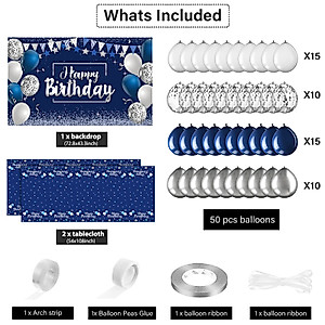 Navy Blue Birthday Party Decorations Blue Confetti Balloons Kit Happy Birthday Photography Backdrop Banner Tablecloths for Boys Girls Men Women Birthday Party Supplies Decor (Navy Blue and Silver)