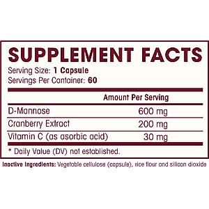 D MANNOSE with Cranberry Extract & Vitamin C - Urinary Tract UT Cleanse & Bladder Health - Protects Against Urinary Tract Infections UTI - Natural Healthy Flush & Detox Impurities | 60 Veg Capsule