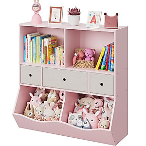 IDEALHOUSE Kids Toy Storage Organizer with 3 Movable Drawers, 3 Tier Children Bookcase and Bookshelf, 7 Cubby Toy Storage Cabinet, Toy Shelf for Playroom, Bedroom, Living Room, Nursery,Pink
