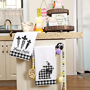 ARKENY Easter Kitchen Towels for Easter Decor Black Buffalo Plaid Check Bunny Dish Towels 18x26 Inch Bar Drying Cloth Carrot Hand Towel for Kitchen Bathroom Party Easter Decorations Set of 2