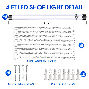 Linkable LED Shop Light, 4 FT Integrated Fixure for Garage, Daylight 5000K, 4000LM, Surface & Suspension Mount, ETL Listed, 4 Pack