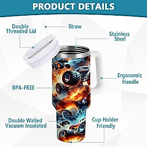 Jihqo Lightning Tank Cars 40 oz Stainless Steel Vacuum Insulated Tumbler with Handle and Straw Lid, Leakproof Water Bottle Double Wall Travel Mug Coffee Cup, Cupholder Friendly