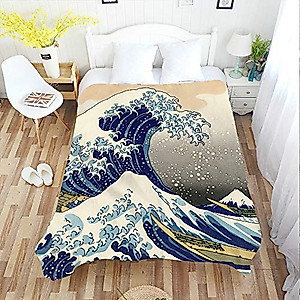Moslion Soft Cozy Throw Blanket Japanese The Great Wave Off Kanagawa Pattern Fuzzy Warm Couch/Bed Blanket for Adult/Youth Polyester 50 X 60 Inches(Home/Travel/Camping Applicable)