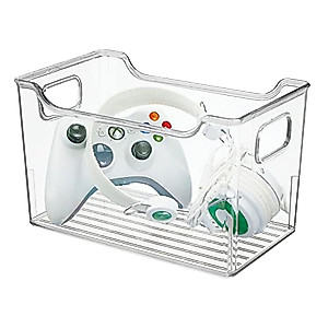 mDesign Deep Plastic Storage Organizer Container Bin, Game and Comic Organization for Cabinet, Cupboard, Playroom, Shelves, or Closet - Holds Video Games, Tablets, DVDs, or Controllers, 4 Pack, Clear