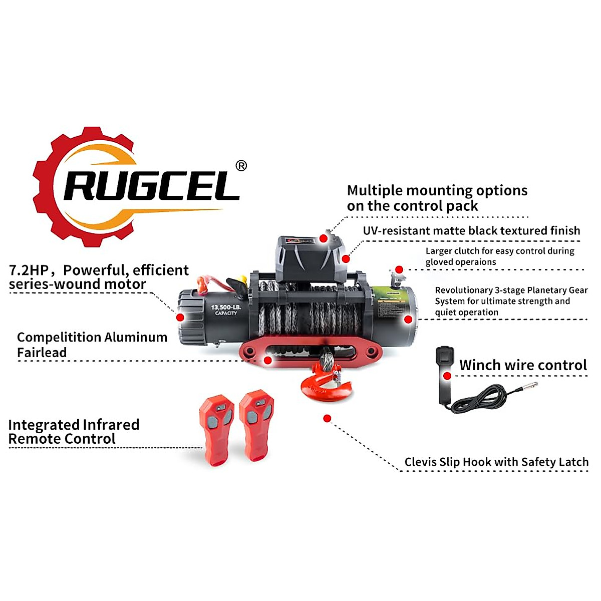 RUGCEL WINCH 13500lb Waterproof Electric Truck Winch 12V Synthetic Black Rope Jeep Winch with Hawse Fairlead,Wired Handle and 2 Wireless Remote,for Trailer and Wrangler in Car Lift
