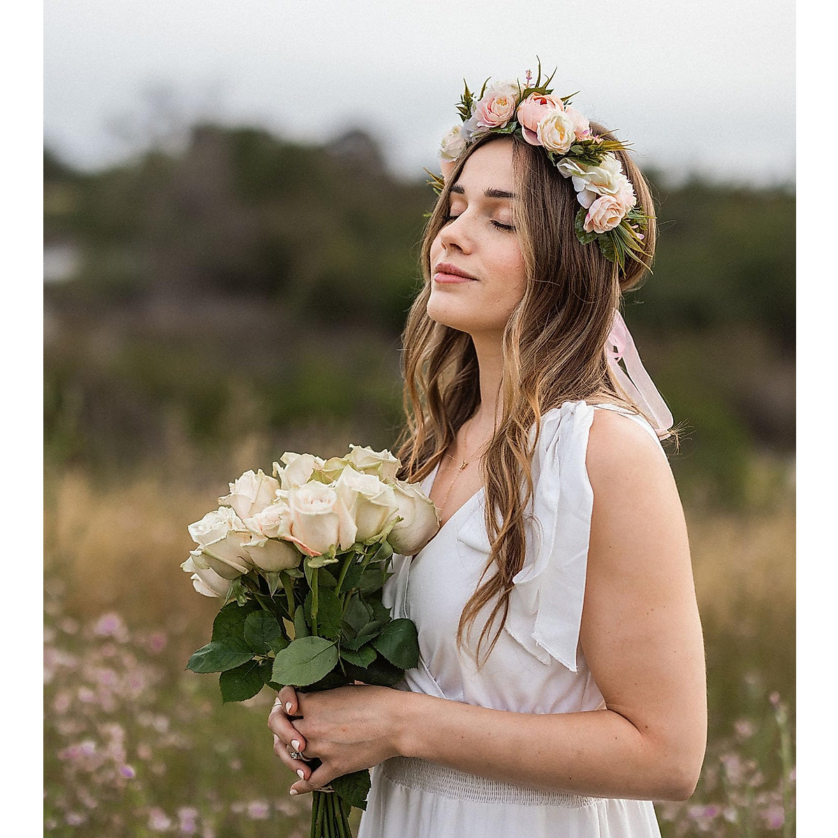 Vividsun Adjustable Flower Crown Floral Headpiece Floral Crown Wedding Festivals Photo Props (Camellia champagne)