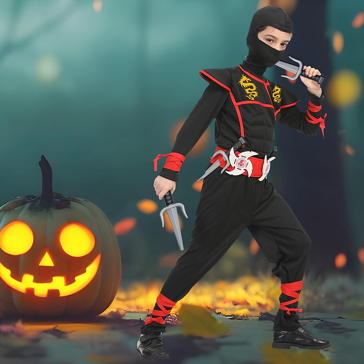 SATKULL Ninja Costumes Boy Ninja Costume Set Kids Halloween Ninjas Suit Halloween Cosplay Dress up for Kids(Kids-M-6/7T Black)