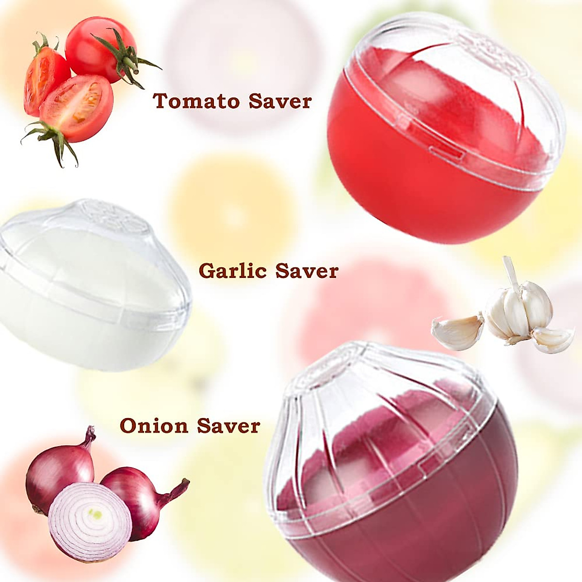 HMIEPRS 6 PCS Fruit and Vegetable Storage Containers, Reusable Storage Keeper, Lemon Orange Avocado Onion Garlic Tomato Shaped Saver Holder for Fridge, Refrigerator Crisper for Fruit and Vegetable