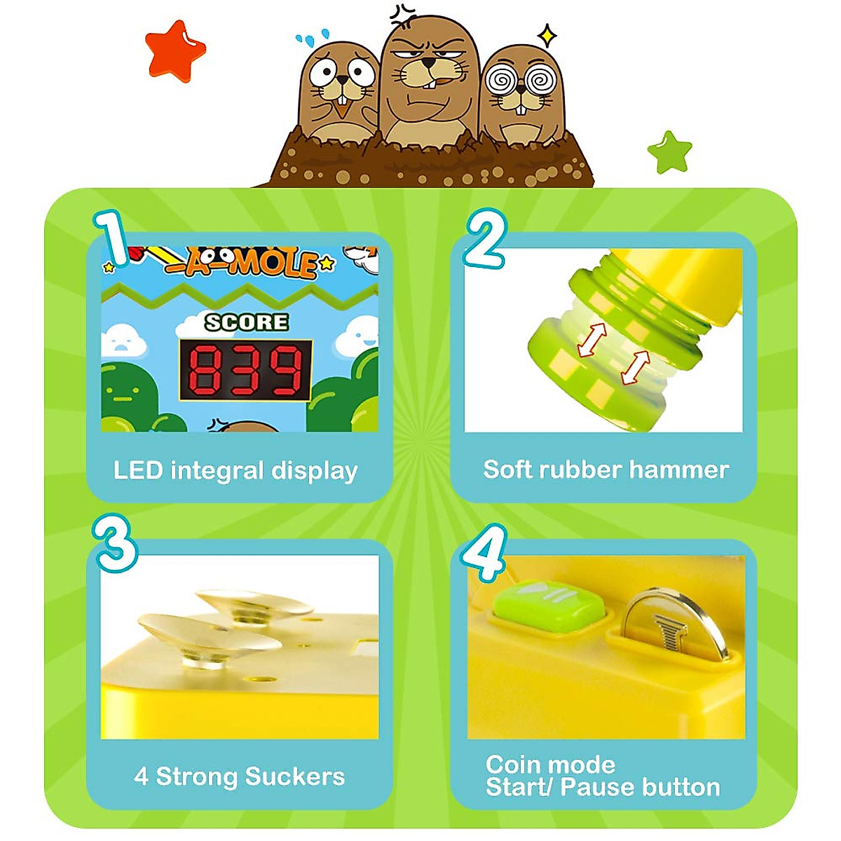 VATOS Whack Game Mole, Mini Electronic Arcade Game with 2 Hammers, Pounding Toys Toddler Toys for 3 4 5 6 7 8 Years Old Boys Girls, Whack Game Mole Toy, Developmental Toy Interactive Toy