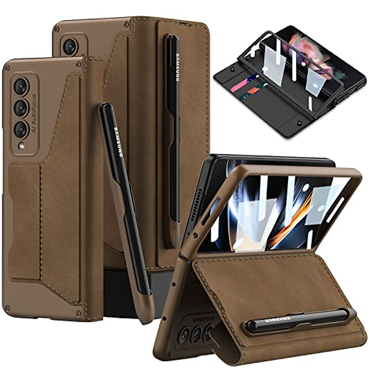 DEMCERT for Samsung Galaxy Z Fold 4 5G with S Pen Slot,Military Armor Cases Full Body Protective Anti-Scratch Hard Slim Leather Bracket Case with Screen Protector for Galaxy Z Fold 4 5G (Brown)