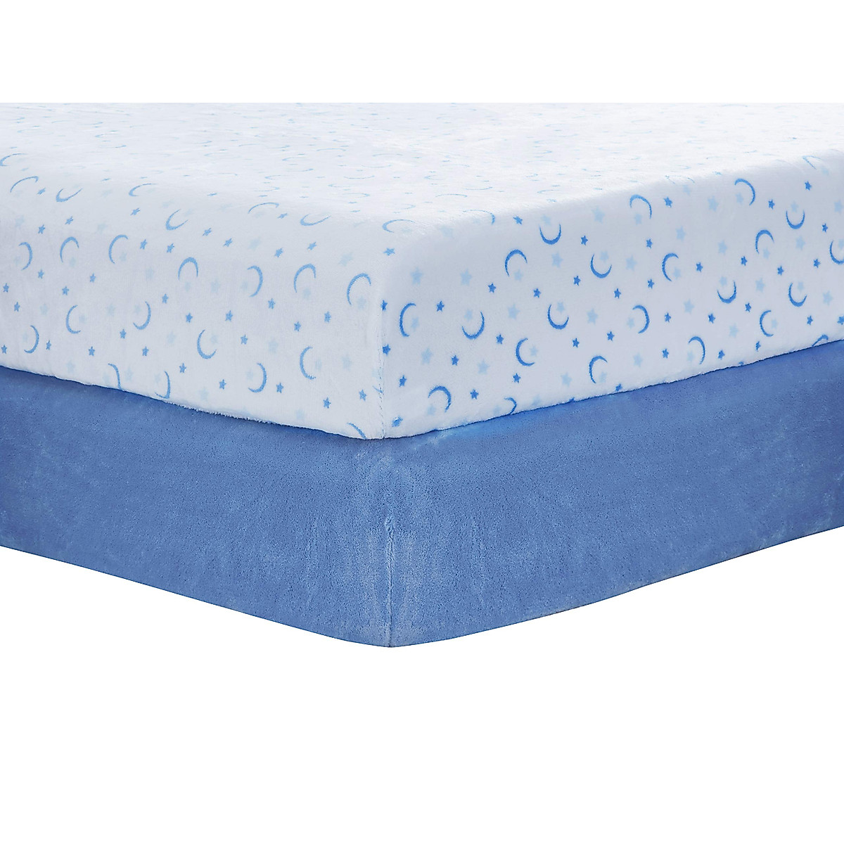 Cozy Fleece Microplush Super Soft Fitted Crib Sheets (Set of 2), Blue/White with Moon & Stars