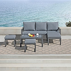 Soleil Jardin Outdoor Ottomans for Patio Set of 2, Assembled Aluminum Outdoor Footstool with Grey Cushions, Small Seat Furniture for Garden Yard Deck Poolside, Dark-Grey Frame