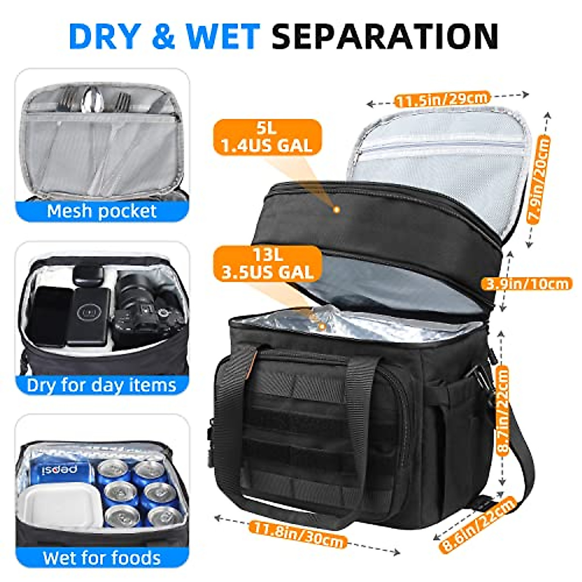 WU Insulated Large Lunch Bag 15L 18L Adjustable Dry Wet Separation Lunch Box Heavy Duty Waterproof Leakproof Soft Cooler Food Bag Kit, Black