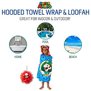 Franco Super Mario Kids Bath/Pool/Beach Soft Cotton Terry Hooded Towel Wrap and loofah Set, 24 in x 50 in (Official Nickelodeon Product)