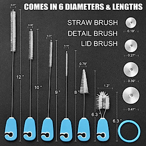 ALINK Straw Cleaning Brush with Handle, Good Grips Bottle Straw Cleaner Set for Extra Long Wide Straws, Baby Bottle, Tumbler, Pipe, Tube, Lids, Pack of 6 - Blue