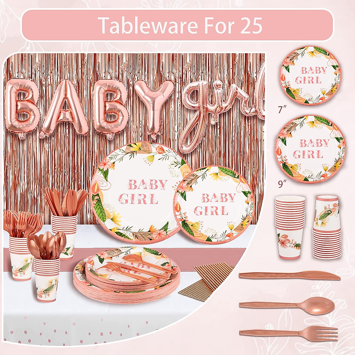 Guudmua 303 Pcs Baby Shower Decorations For Girl, Girl Baby Shower Decorations Kits - Disposable Dinnerware Set With Pink Rose Gold Floral (25 Guest), "BABY girl" Banner, Balloon, Sash, Cake Topper