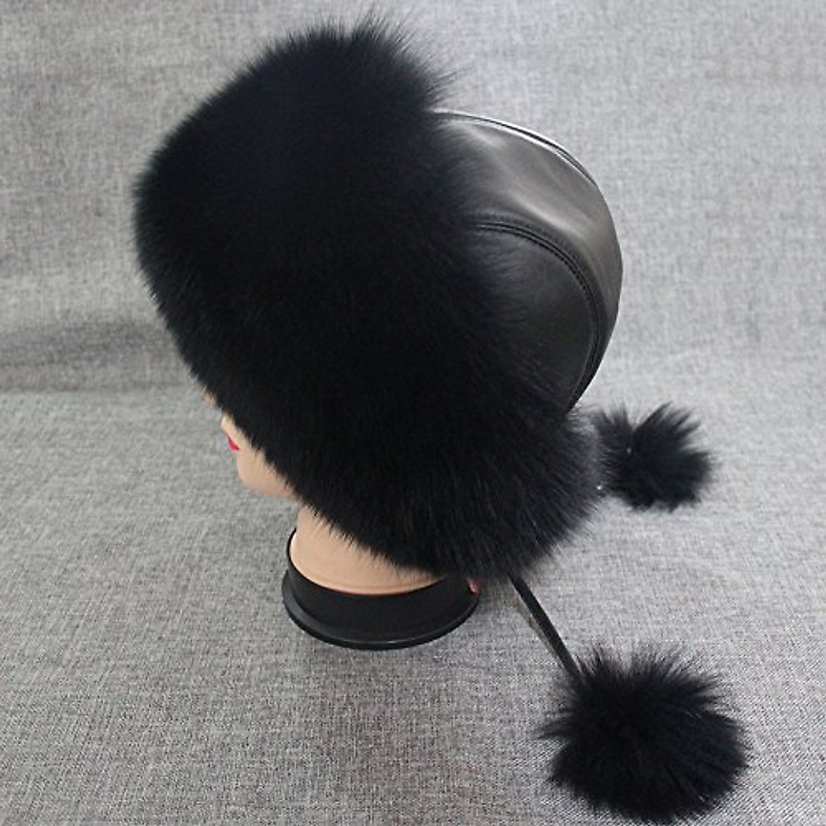 Gegefur Women's Real Fox Fur Hats Leather Earmuffs Warm Winter Hats (Black)