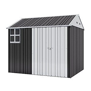 Jocisland 8.5x7.1x7.5 FT Galvanized Steel Outdoor Storage Shed, Lockable Double Hinged Doors and 4 Vents, Metal Shed for Backyard Storage, Dark Black/White