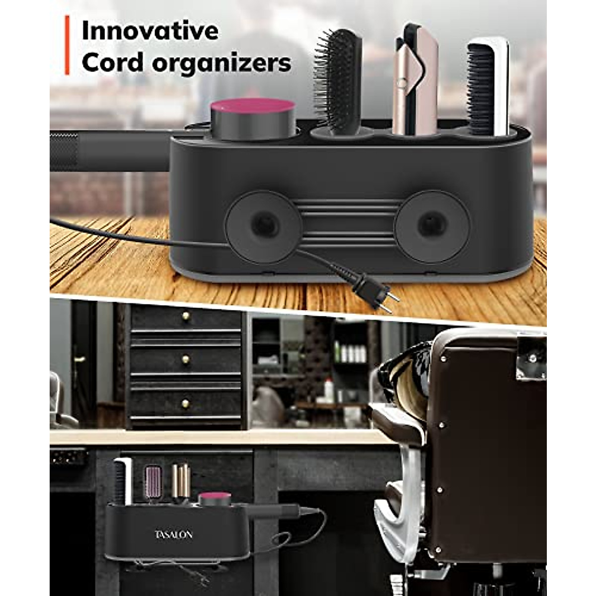 TASALON Hair Dryer Holder, Hair Tool Organizer, 3 in 1 Wall Mounted/Cabinet Door/Countertop Blow Dryer Holder, Flat Iron, Hair Straightener Holder, Curling Iron Holder, Hot Hair Tool Holder- Black