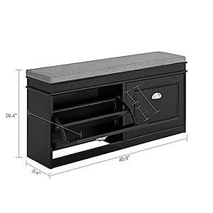 SoBuy Black Storage Shoe Bench with 2 Flip Drawers, Hidden Shoe Bench, Free Standing Shoe Rack, Shoe Cabinet, Hallway Storage Bench with Seat Cushion FSR64-SCH