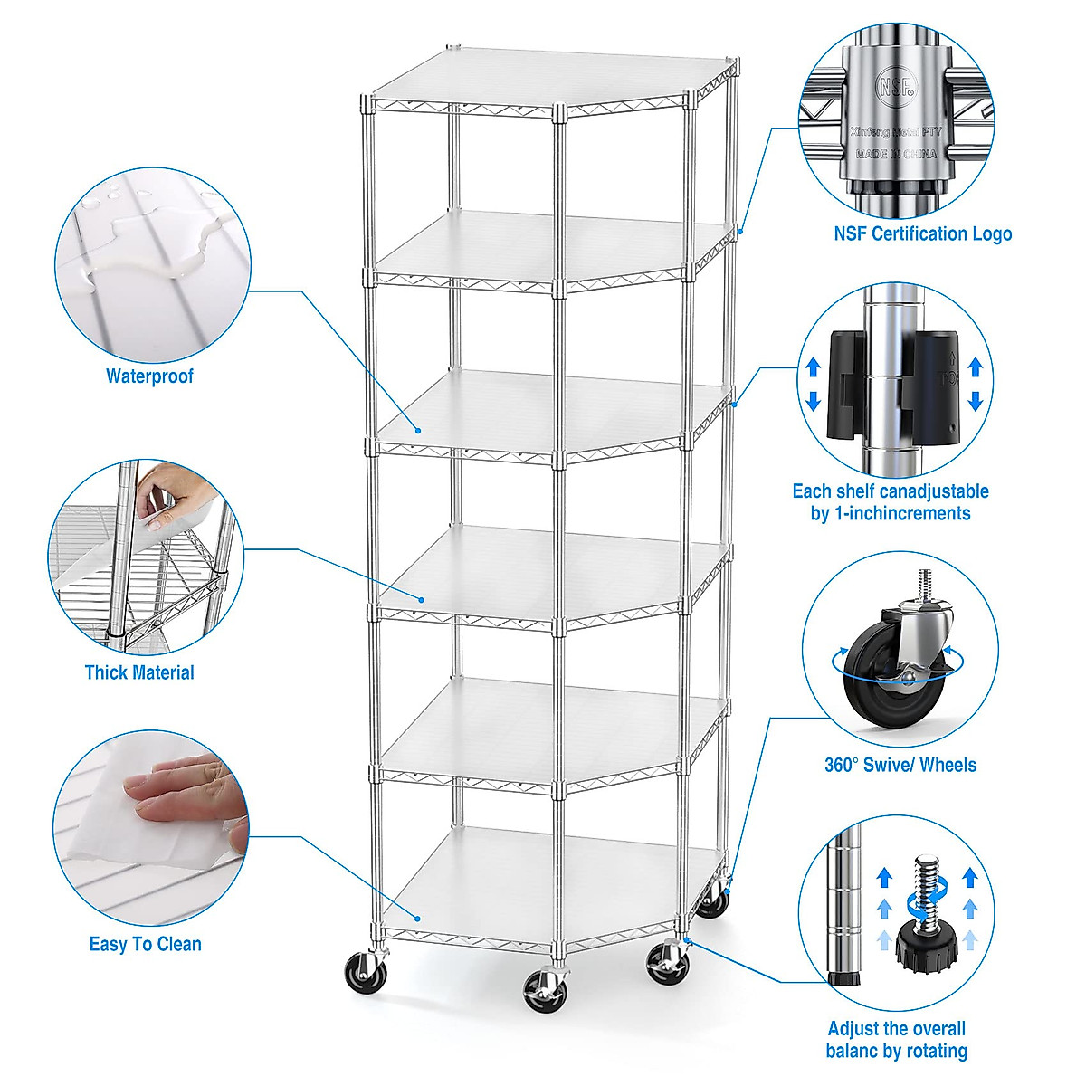 6 Tier NSF Metal Corner Shelf Wire Shelving Unit, 2100lbs Capacity Heavy Duty Adjustable Pentagonal Storage Rack with Wheels & Shelf Liners for Kitchen Garage Room Corner, 82"H x 27"L x 27"D - Chrome