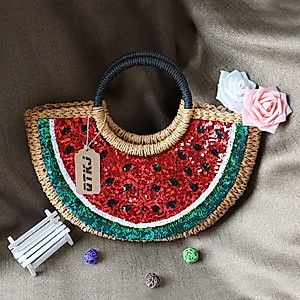 Semi-circle Rattan Straw Handbags, Hand-woven Summer Watermelon Beach Straw Bag with Sequin for Women