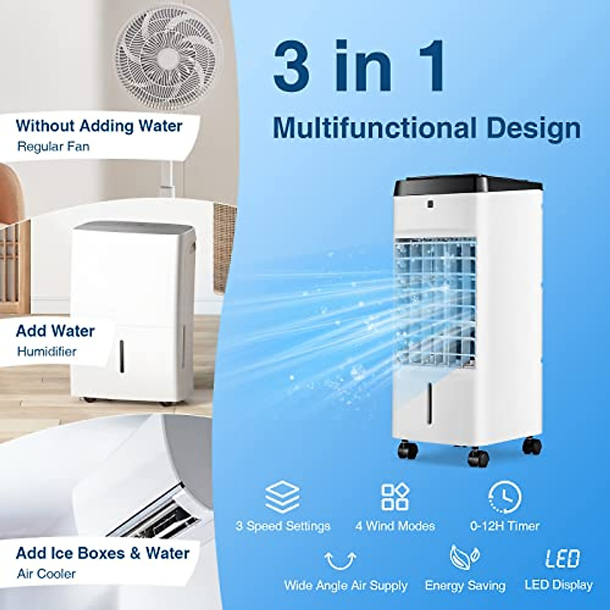 PETSITE Evaporative Air Cooler, Portable Cold Air Cooling Fan with Remote Control, 3.5L Water Tank, 2 Ice Packs, 4 Modes, 3 Speeds, 12H Timer, 70° Oscillation, Personal Swamp Cooler for Bedroom Home Office Dorms