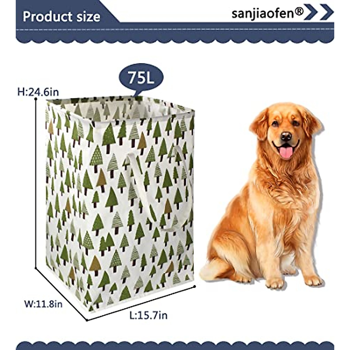 Sanjiaofen 2 pack 75L Large Laundry Basket Green Laundry Hamper With Extended Handles, Freestanding Waterproof Clothes Hamper for Boys,Kids woodland decor, Nersery,Bedroom, Bathroom.(Green tree)