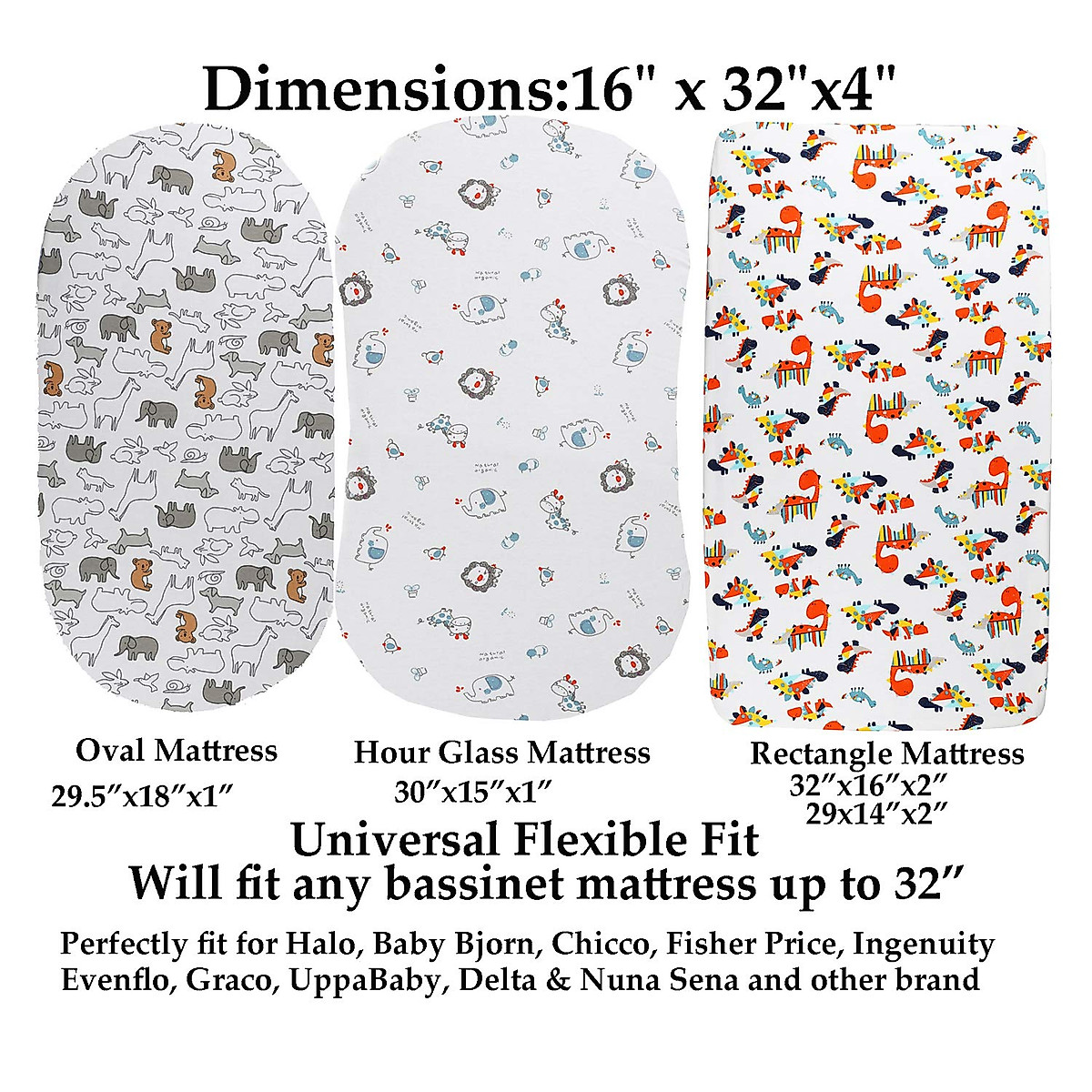 Jersey Cotton Bassinet Sheet Set 3 Pack Fitted Cradle Sheets, Ultra Soft Stretch 190 GSM, for Baby Boy, Universal Fit Rectangle Oval Hourglass Bassinet Mattress, Dinosaur Elephant Koala